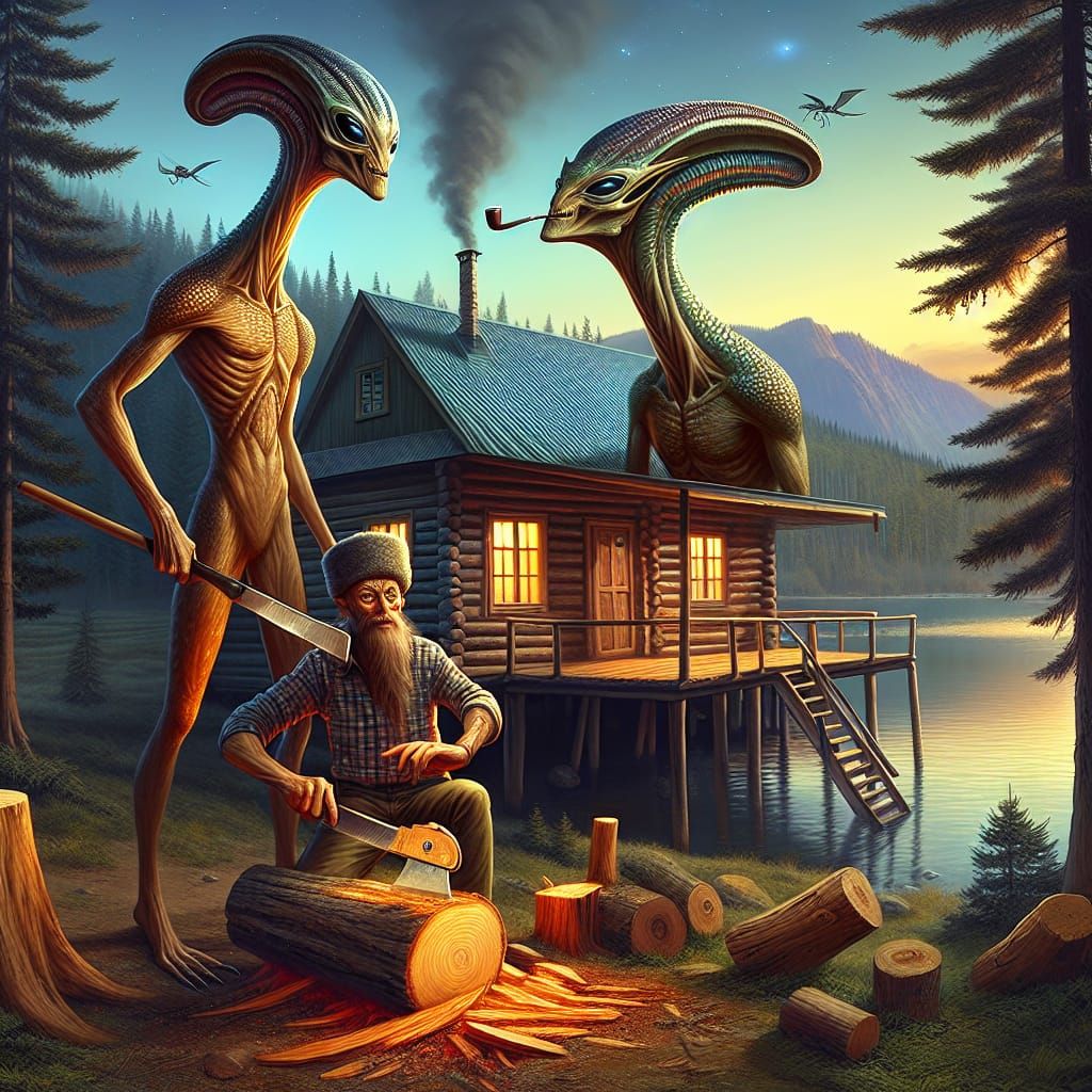 in the style of alien folk art, two long-necked demons, one chopping ...