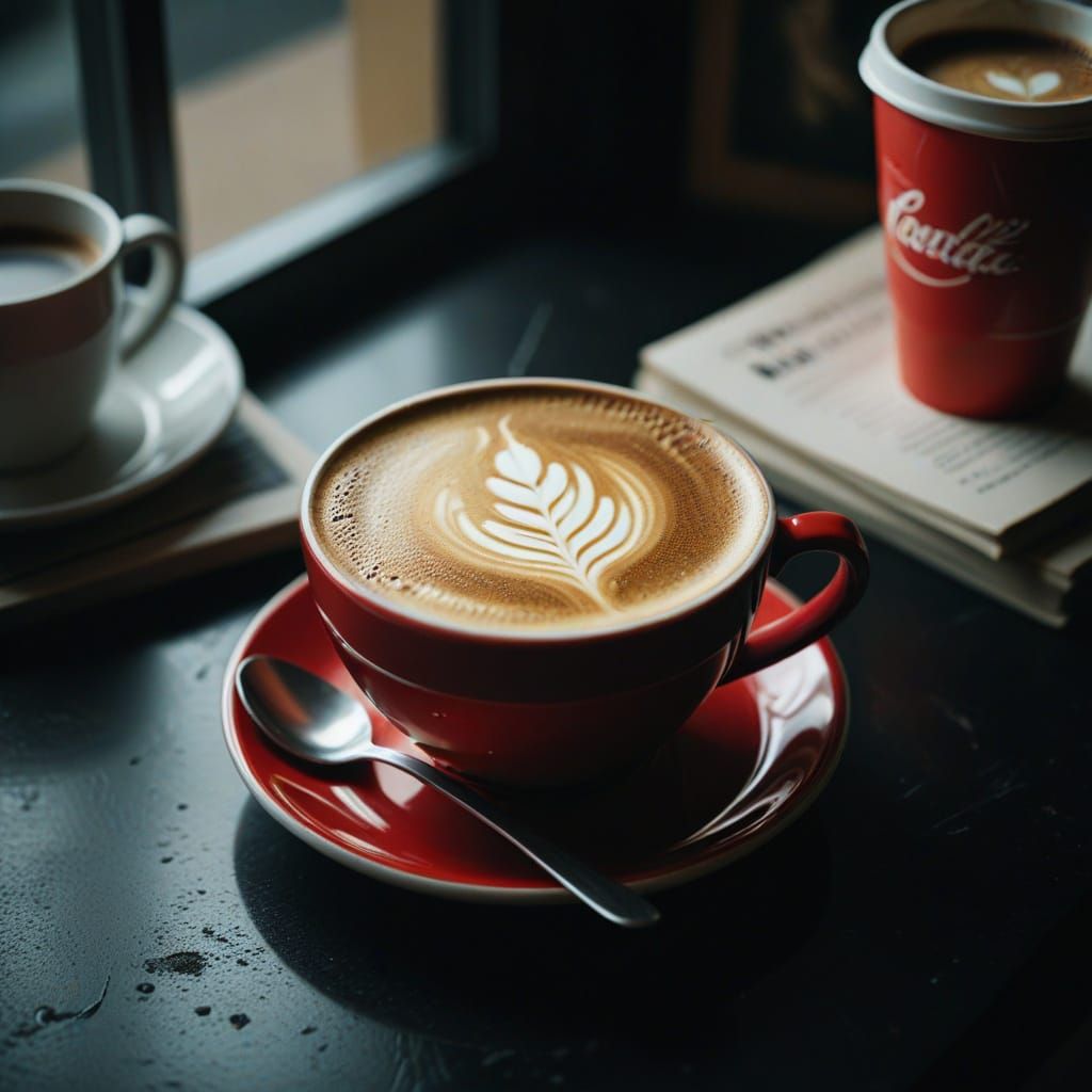 Moody Film Noir Photography of Red Latte Art Still... - AI Art