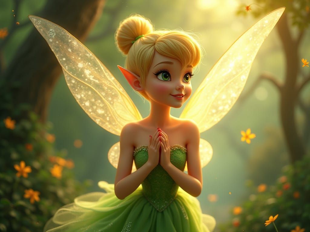 Tinkerbell, wearing a sparkly, iridescent, green dress and shoes, with ...
