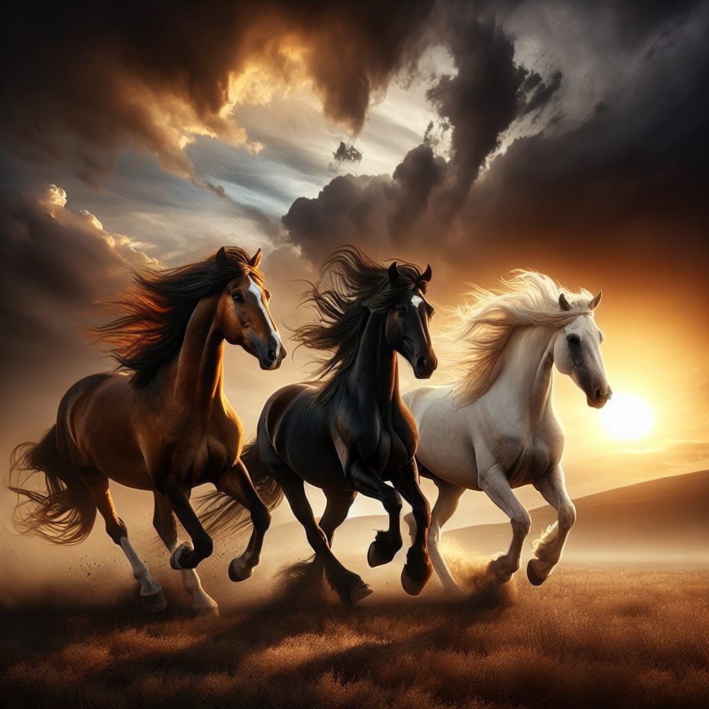 A stunning digital artwork of three majestic horses galloping side by ...