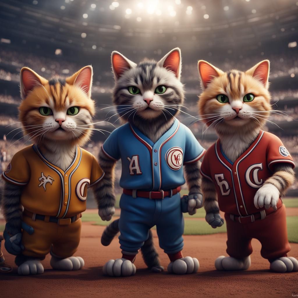 Baseball team made up of anthropomorphic cats playing with vivacity and ...