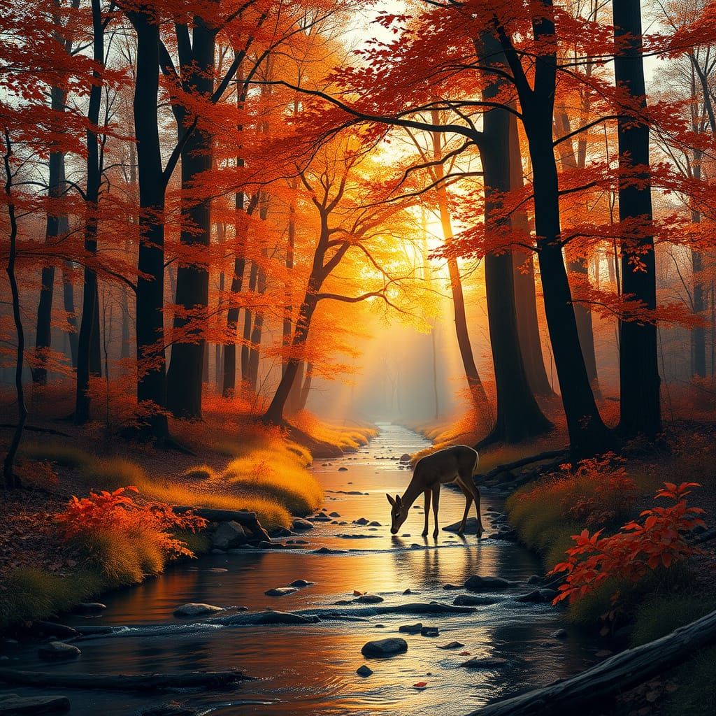 Golden Dawn in Autumn Forest - AI Art