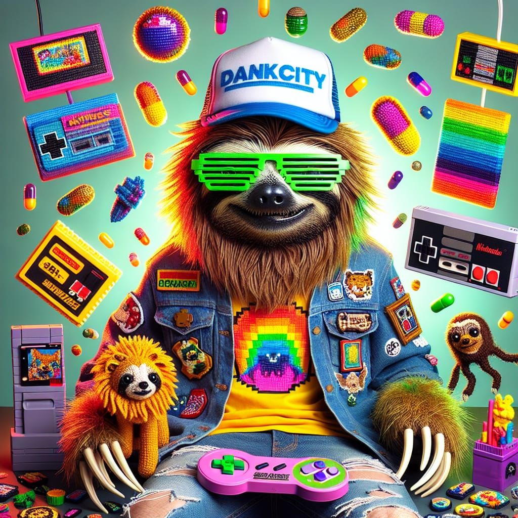 envision a sloth. The sloth is a nerdy, dork, video gamer. set in a 8 ...