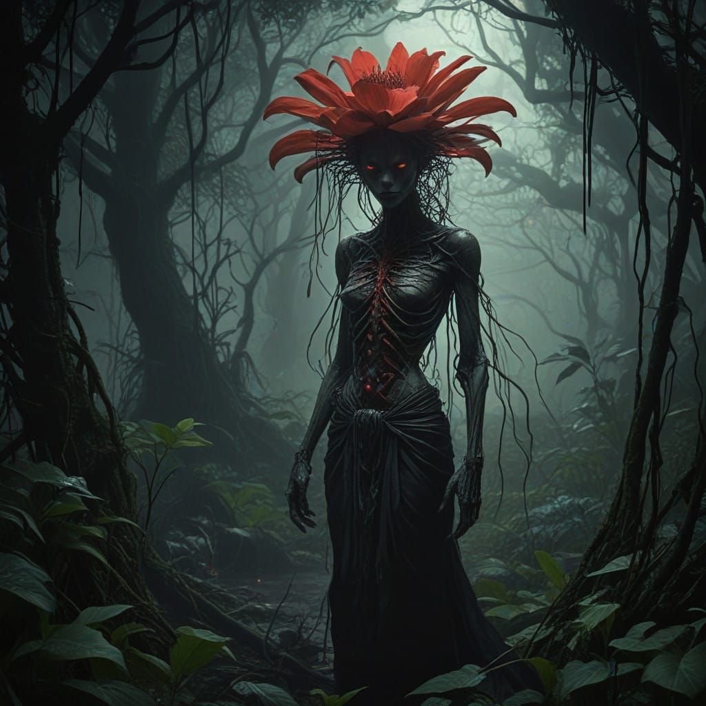 Macabre Jungle Bloom Unfolds in Haunting, Cyberpun... - AI Art