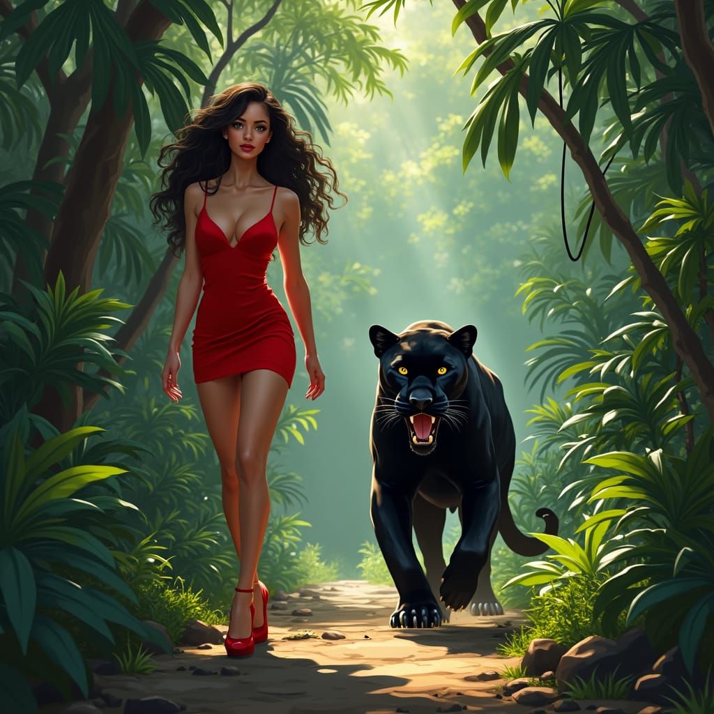 A stunning woman, clad in a vibrant red micro mini dress, paired with ...