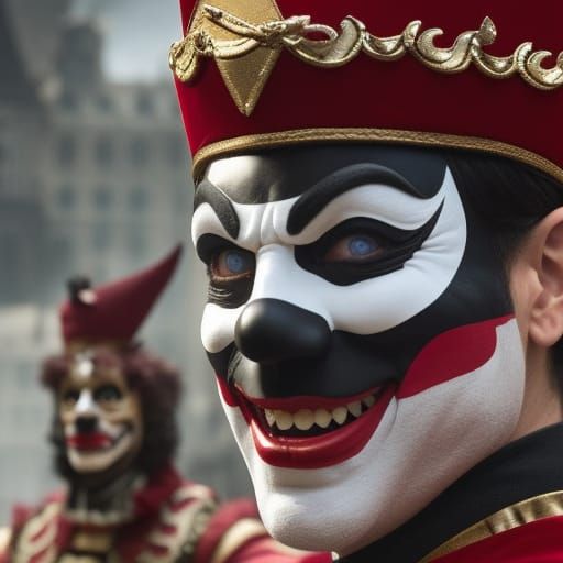 a court jester spy wearing a grinning black and white clown mask - AI ...