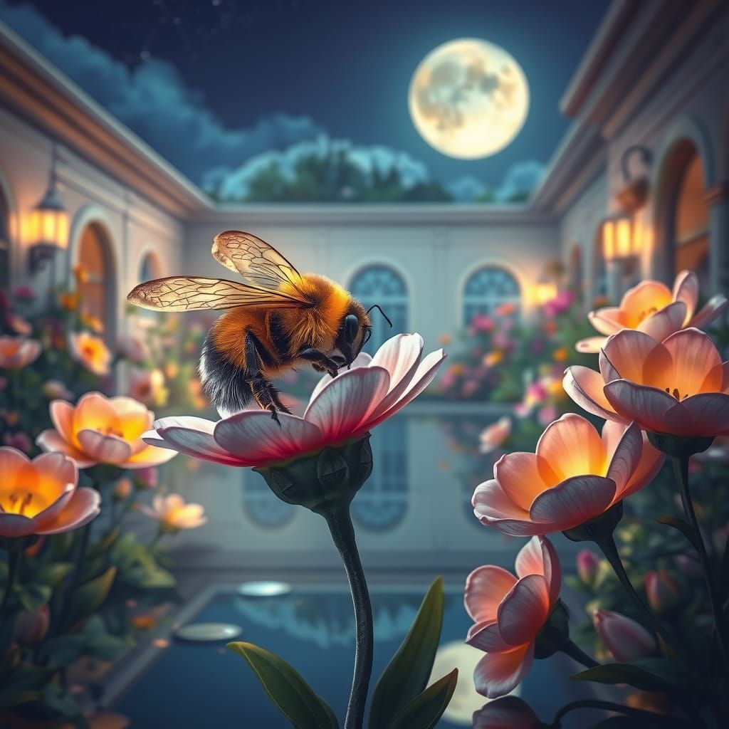 Sleepy Bumblebee - Sleepy Bumblebee in Moonlit Flower Gar...