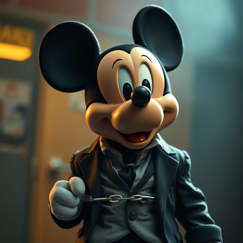 Human Mickey Mouse in Dramatic Arrest Scene - AI Art