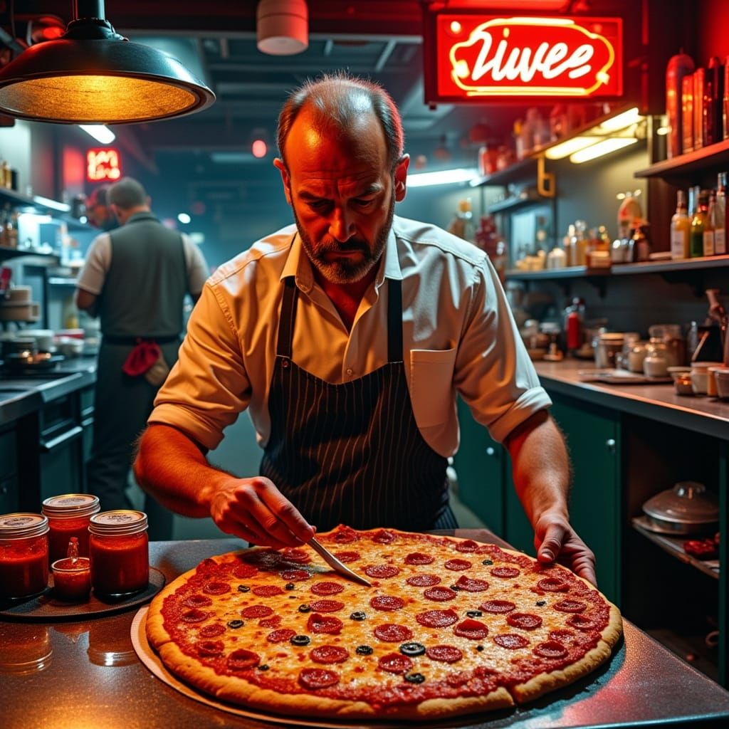 Pizza Chef in galley kitchen [with LoRA: Epic Sci Fi Flux and LoRA: pizza]