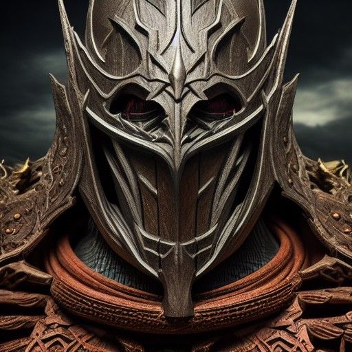Mix Strongbad Sauron, scary intricate face details, Japanese wood ...