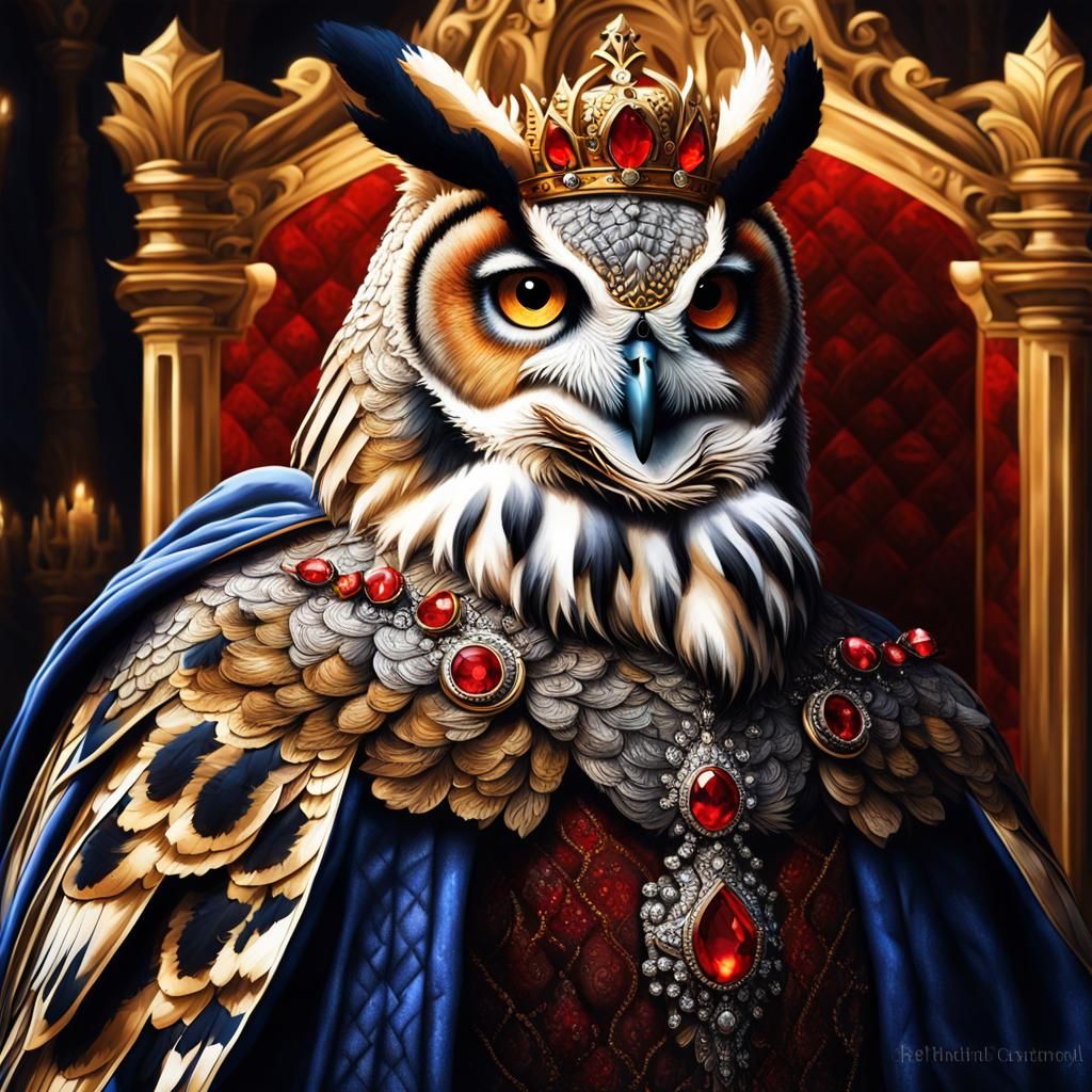 Photorealistic portrait of a majestic owl king wearing royal crown and ...