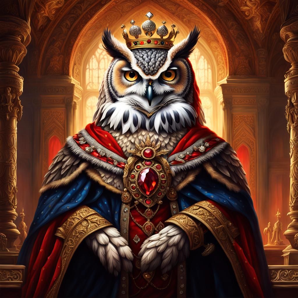 Photorealistic portrait of a majestic owl king wearing royal crown and ...