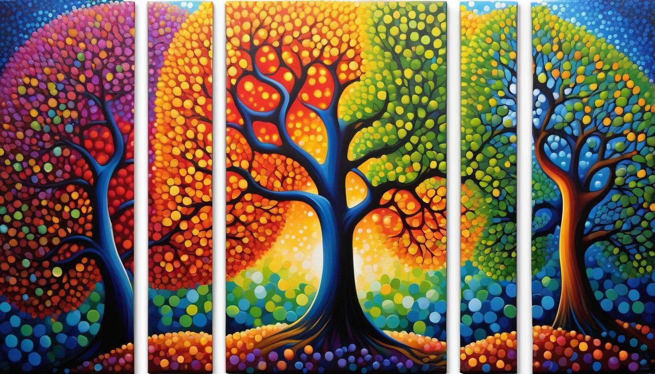 Pentaptych painting of pointillism maximalist trees - AI Generated ...