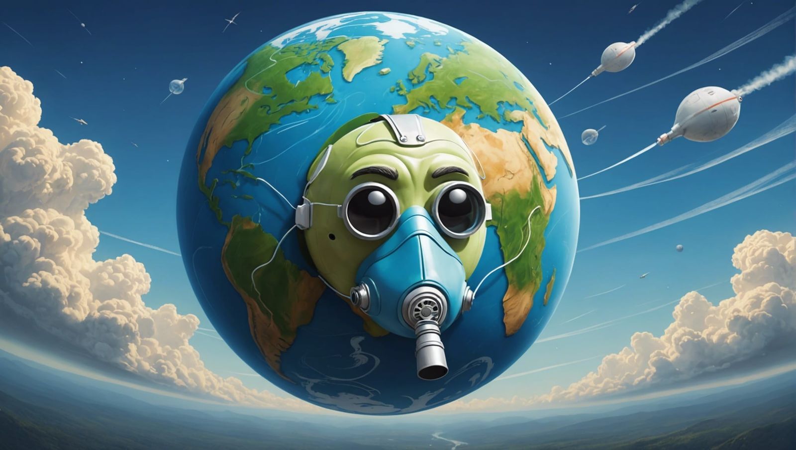 cartoon image of "Earth wearing an oxygen mask", sad, depressing ...