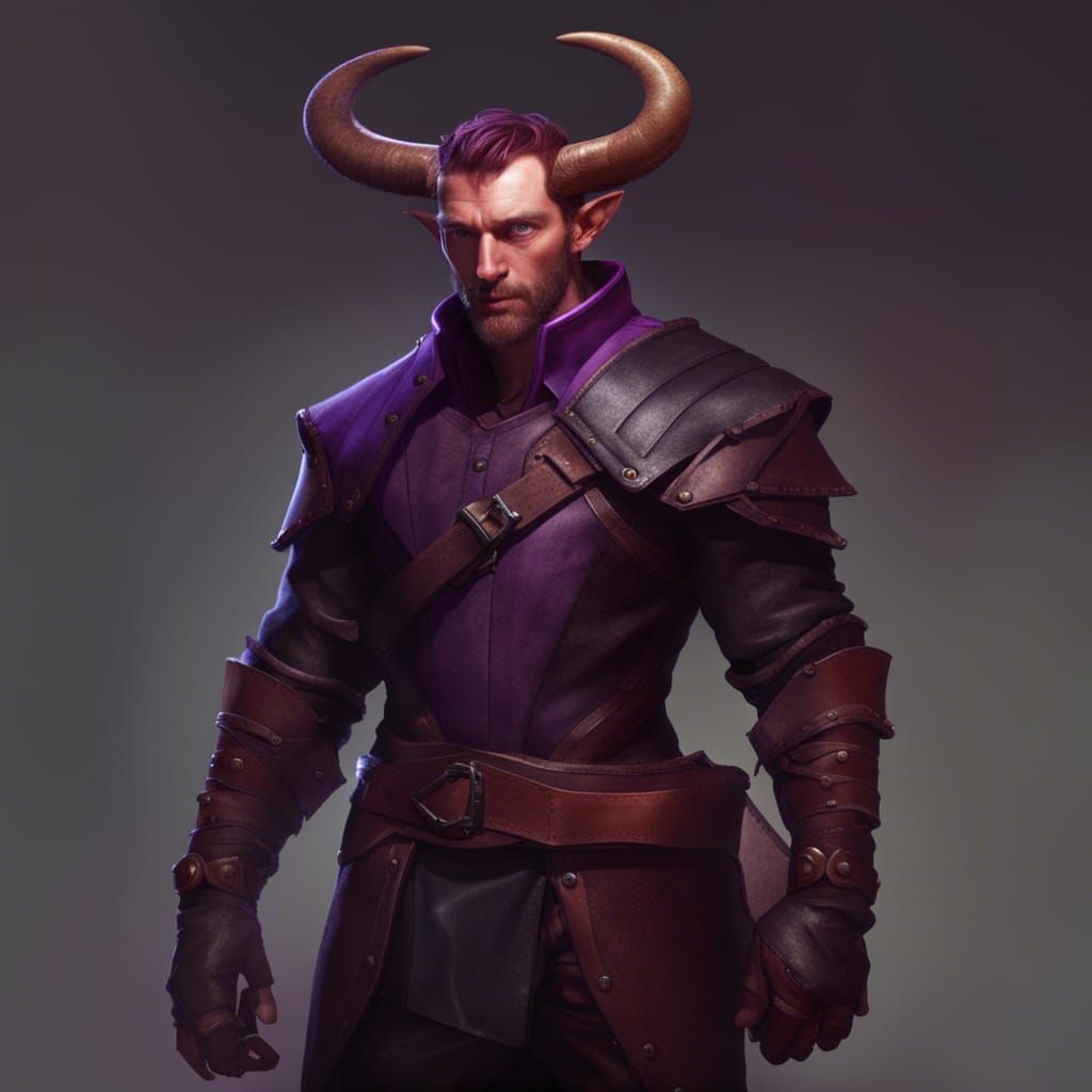 A tall, red-skinned man with horns. Purple, tired-looking eyes. Lean ...