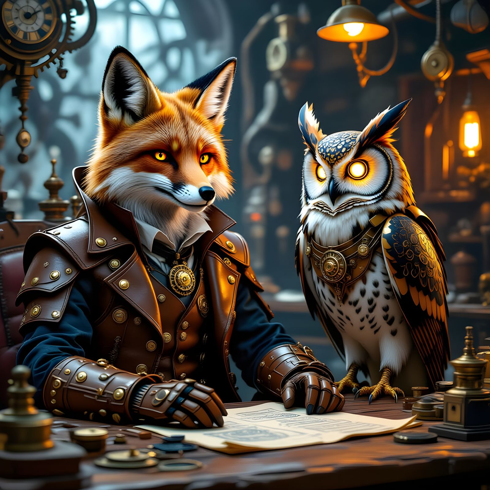 Steampunk Fox Inventor with Clockwork Owl - AI Art