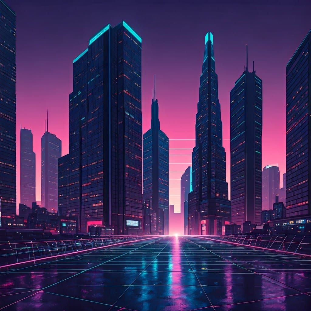 synthwave city skyline - Retro-Futuristic Cityscape in Synth...