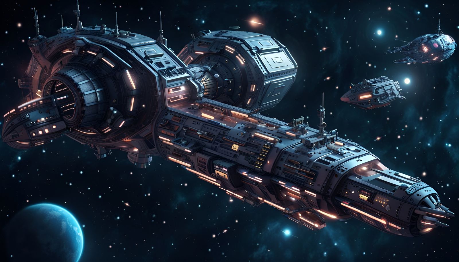 Science fiction scene of a futuristic interstellar frigate and small ...