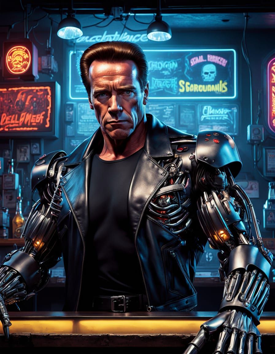 Terminator in a Bar - Cyborg Terminator in a Gritty Neon Bar