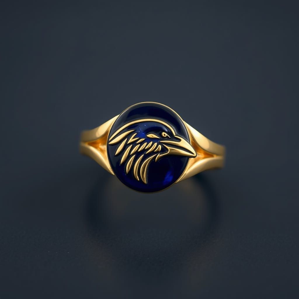 An indigo gold ring that features a raven motif. The raven symbol could ...