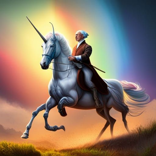 George Washington riding a unicorn with a rainbow in the background ...