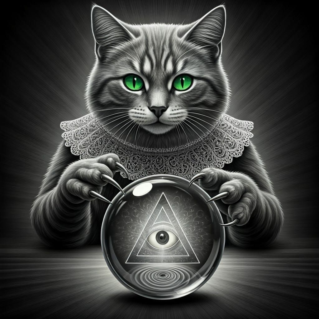 Ethereal Cat Conjures Digital Eye in Whimsical, Hi... - AI Art