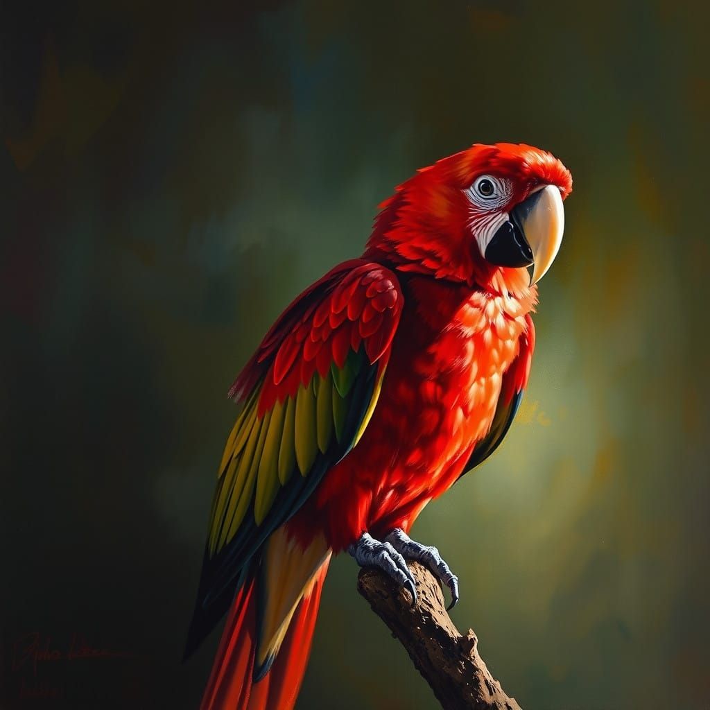 Vibrant Red Parrot in Dramatic Oil Painting - AI Art