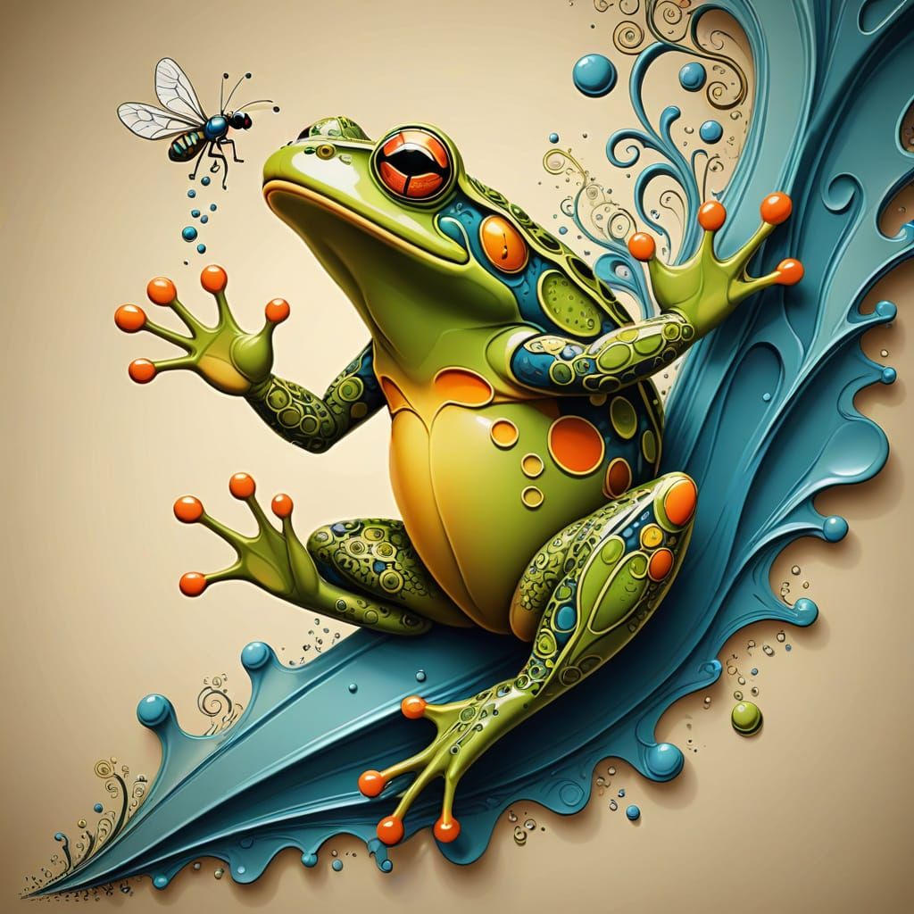 Vibrant Fractal Frog Catches Fly in Mid-Air with T... - AI Art