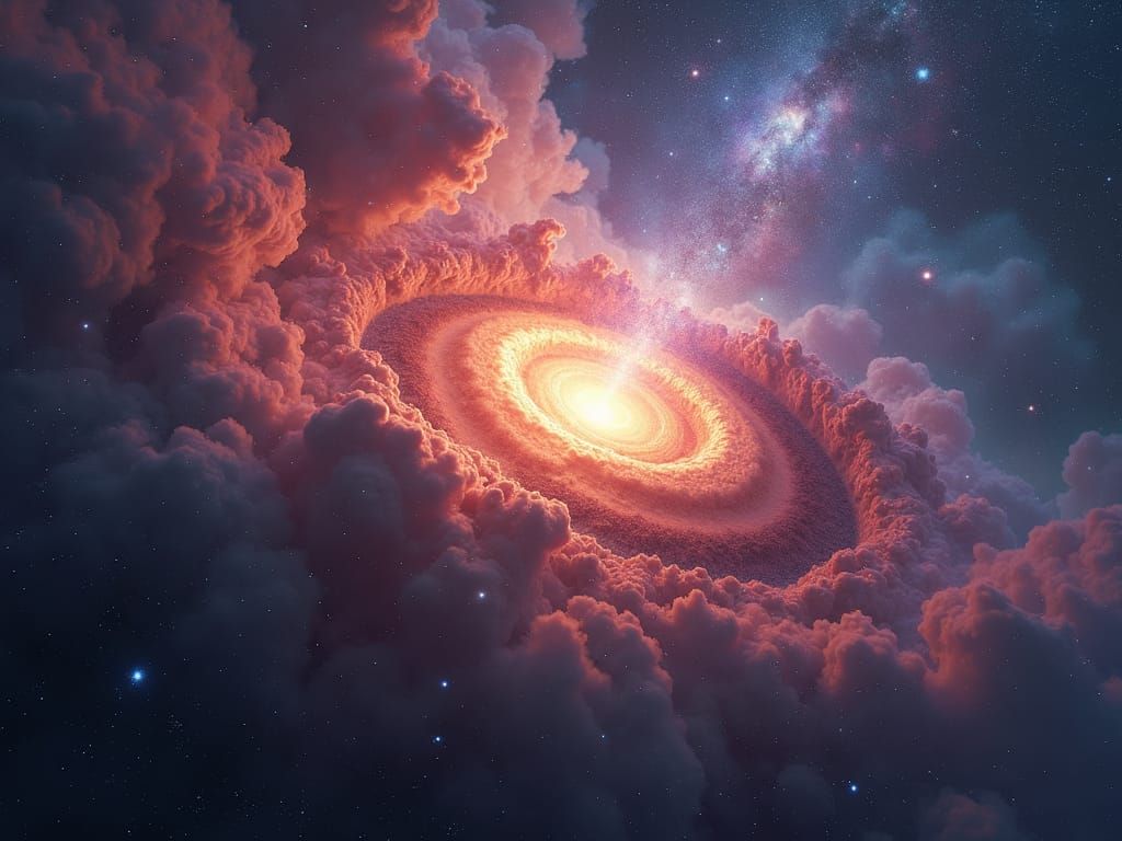 Birth of a galaxy many stars exploding in the dust colorful nebulae in the distance, color ...