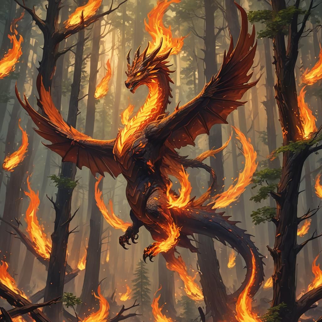 visualize a giant fire spirit with wings of fire amidst a roaring ...