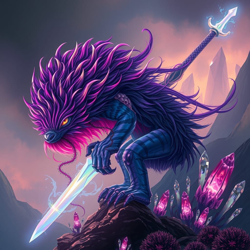 Sword with Iridescent Scales and Ethereal Fur in a... - AI Art