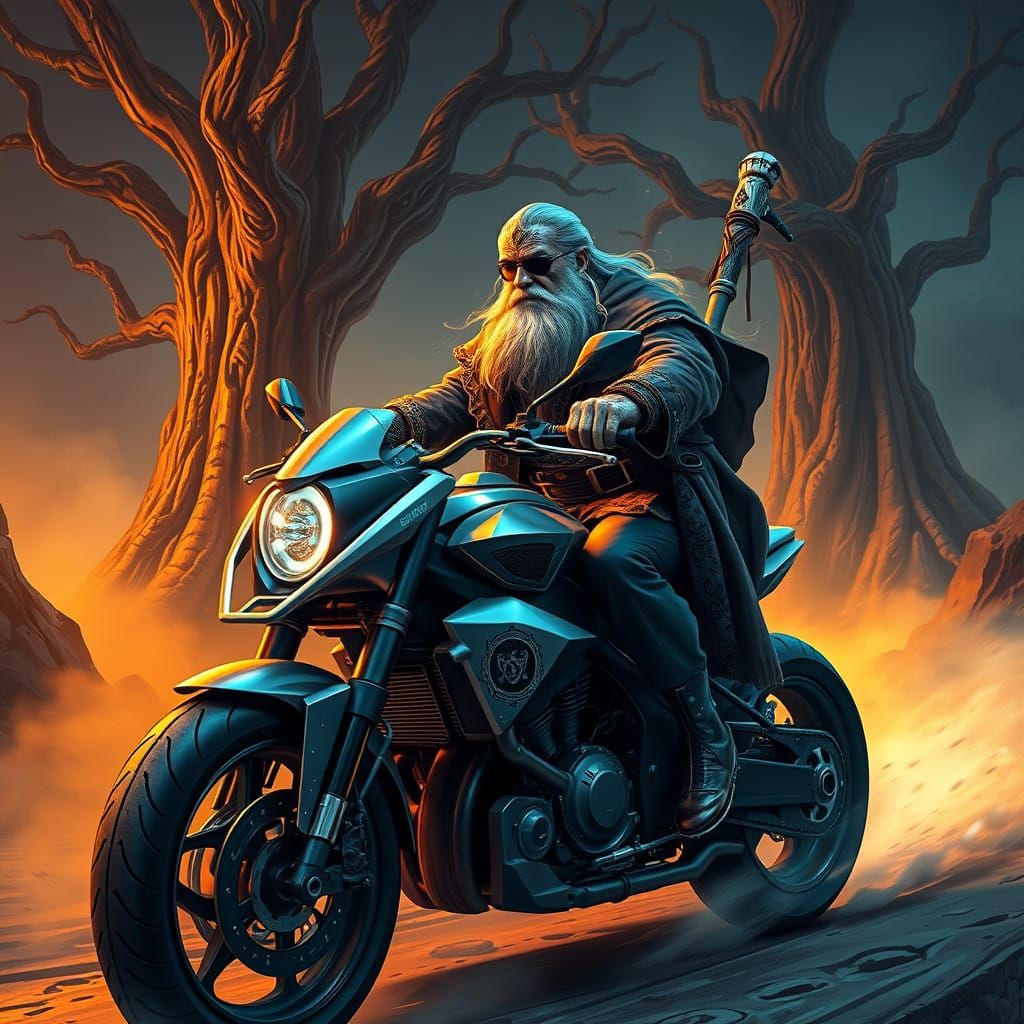 Mystical Wizard Rides Cyberpunk Motorcycle - AI Art