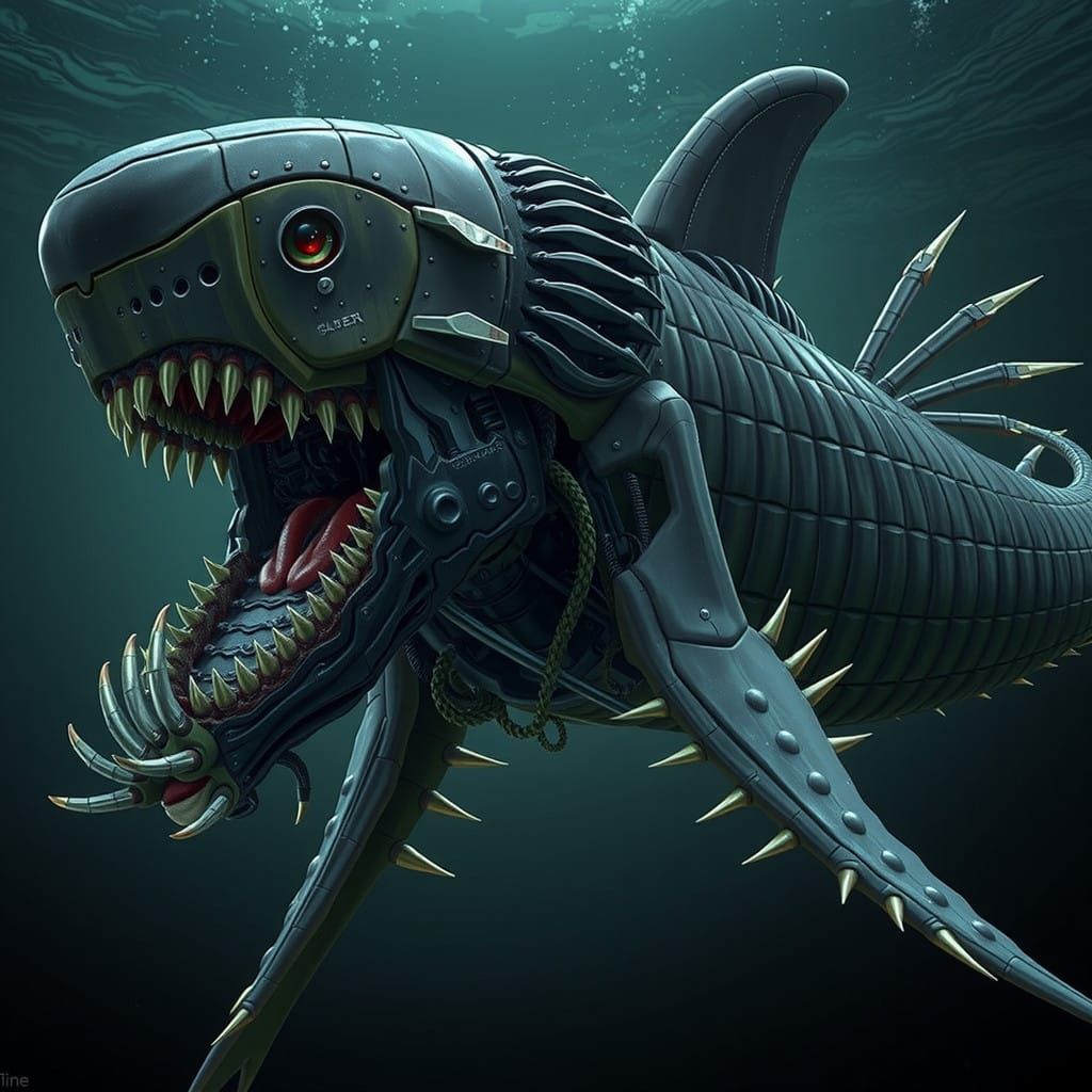 Biomechanical Shark-Xenomorph Hybrid in Glowing Ar... - AI Art
