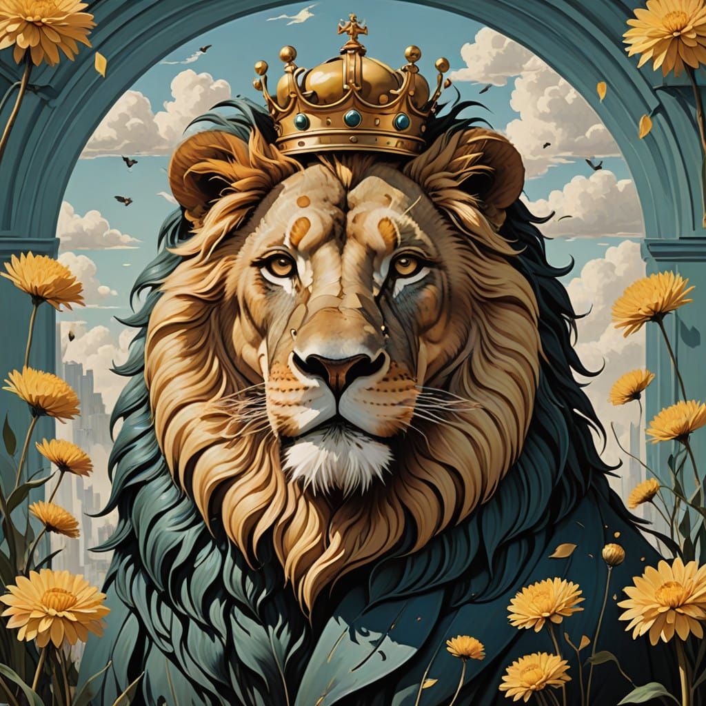 Regal Lion's Head in Dandelion Crown, Magritte Sty... - AI Art