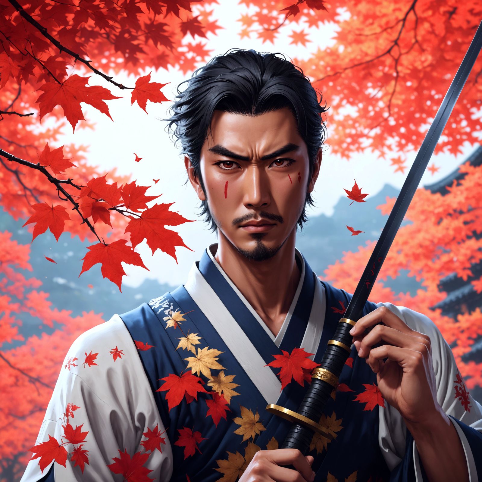portrait of as samurai, Japanese autumn leaves, strife and danger ...