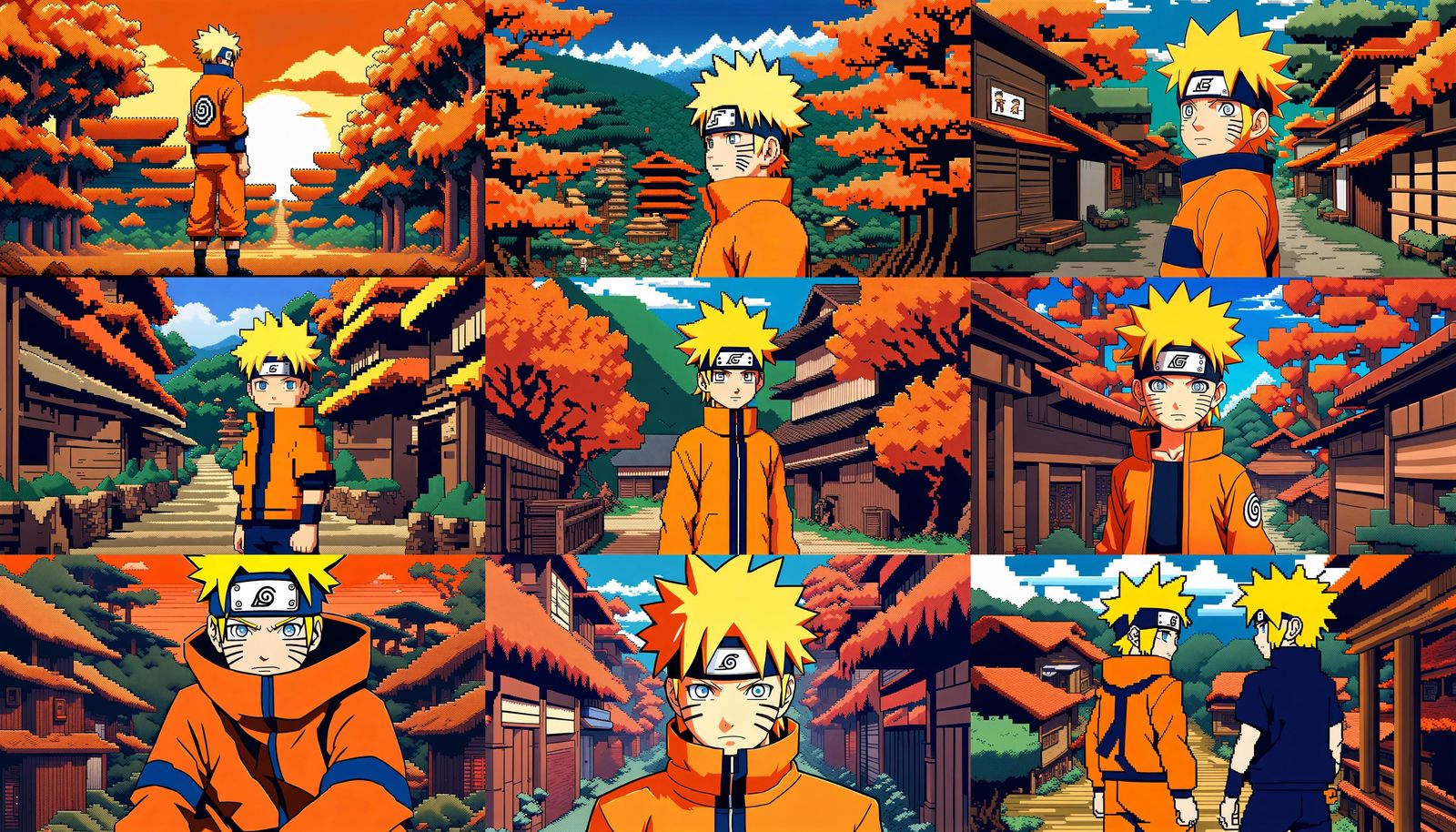 In a lush, 8-bit pixelated Hidden Leaf Village, Naruto Uzumaki stands ...