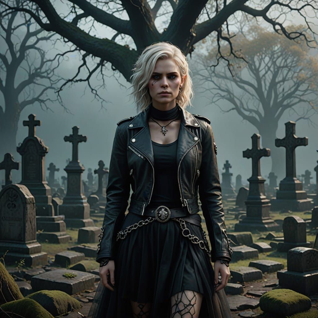 Gothic Fantasy Woman Amidst Haunted Graveyard - AI Art