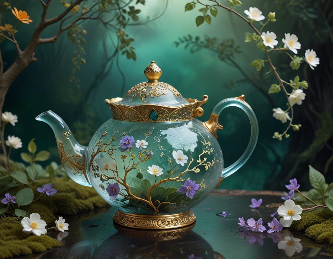 Ethereal Baroque Teapot in an Enchanted Garden - AI Art