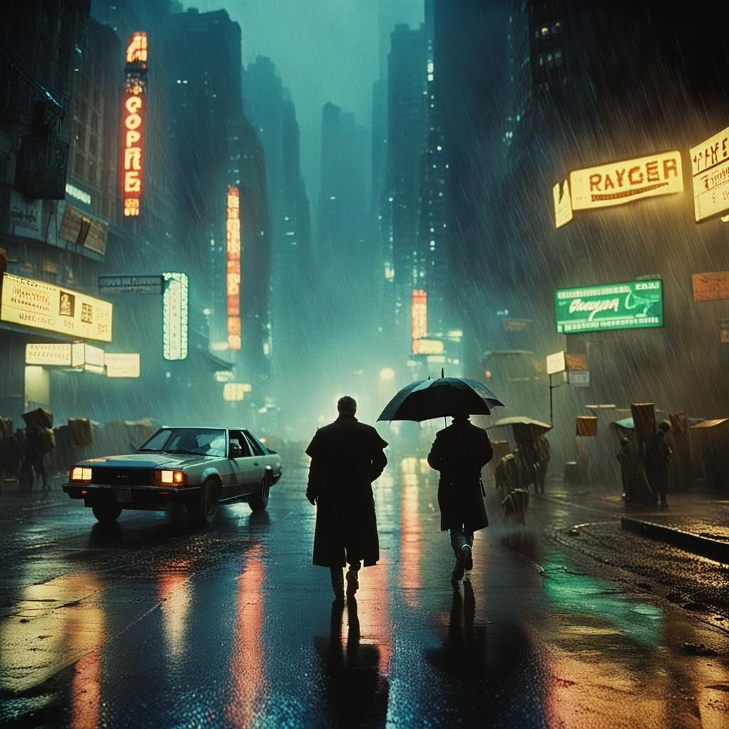 Harrison Ford. Blade Runner. Raining post apocalyptic city in darkness ...