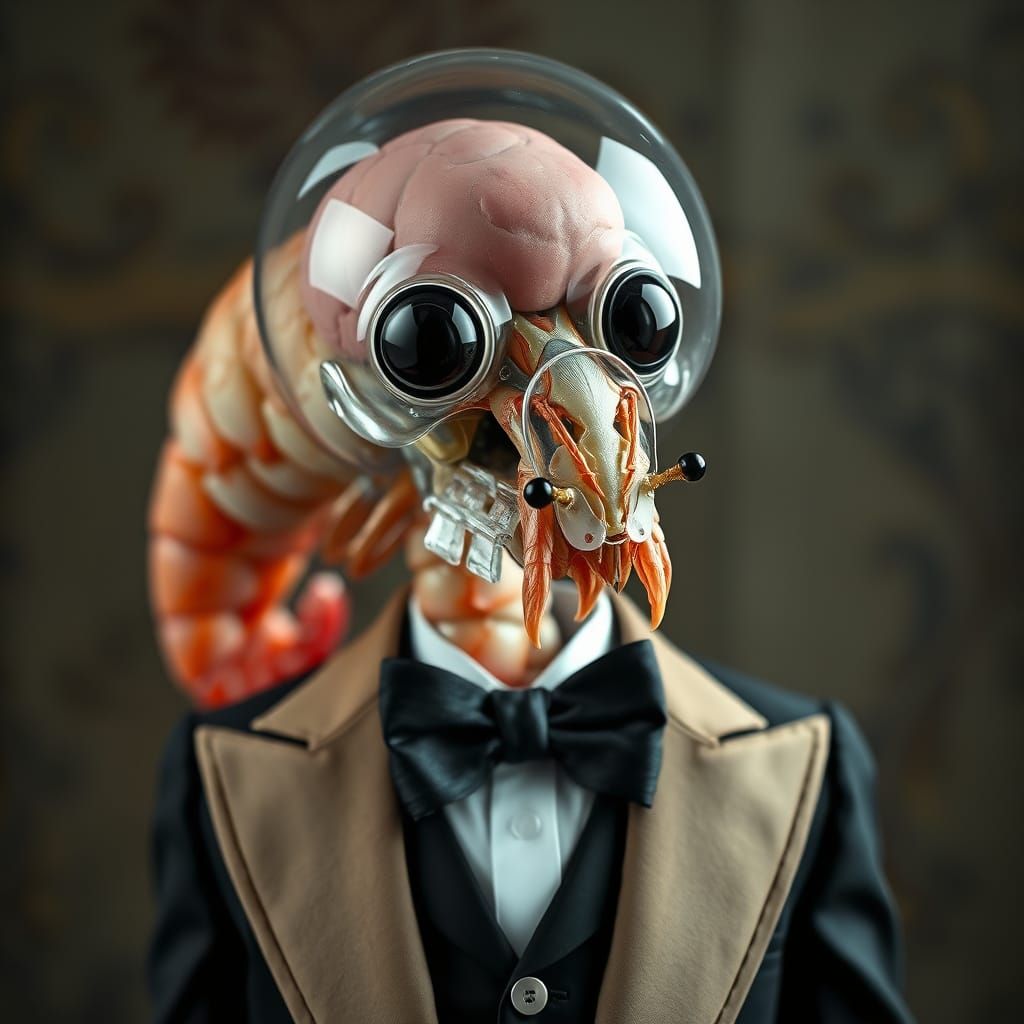 Humanoid Shrimp in Dapper Tuxedo Ponders Existenti... - AI Art