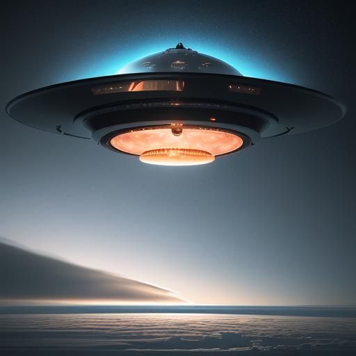 A massive flying saucer hovering over the Antarctic, viewed from below the flying saucer almost ...