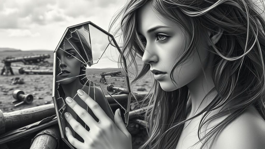 Create a surreal black and white graphite sketch of a soft porcelain skinned woman