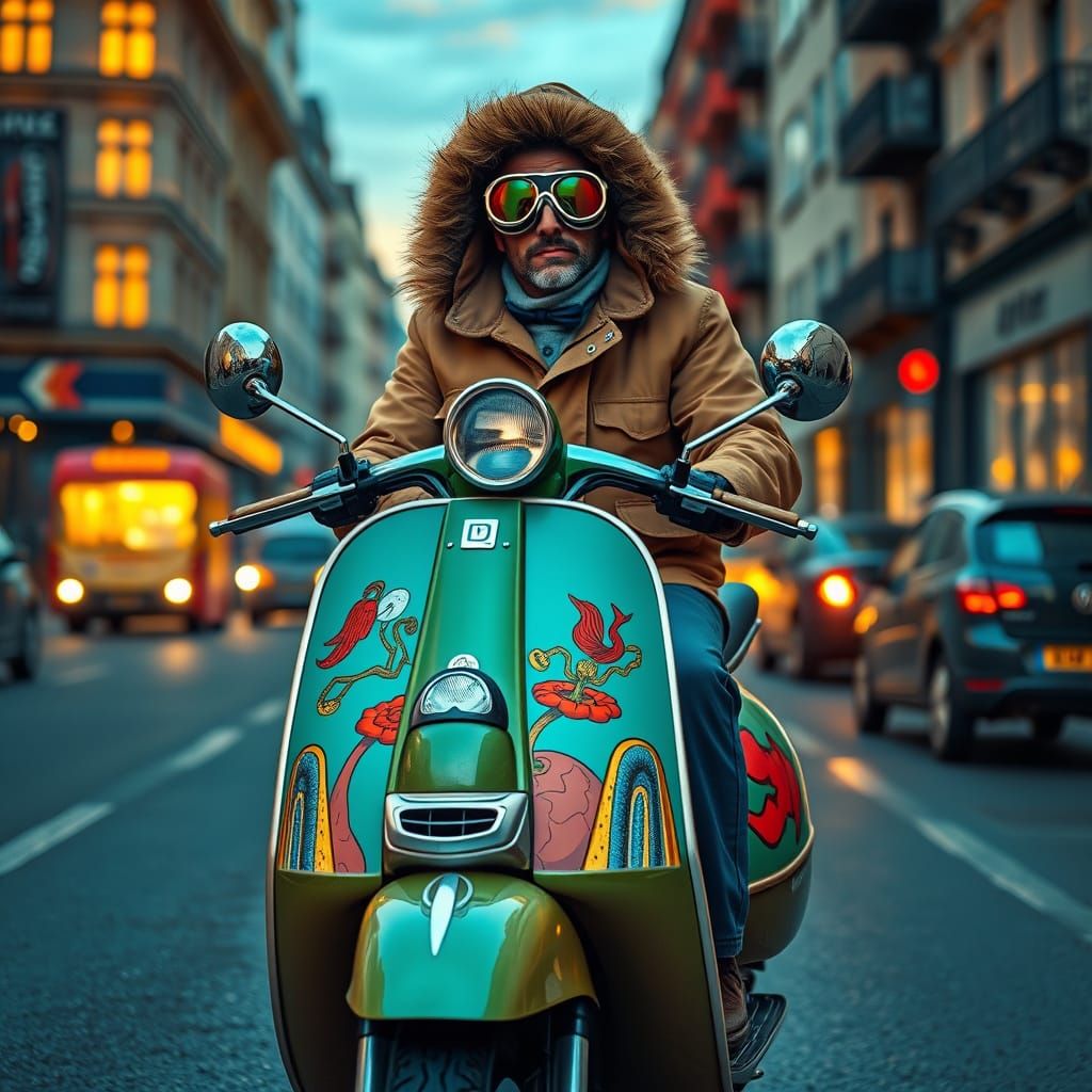Mod wearing a parka on a mod scooter wrapped in "Berkeley mews" artwork