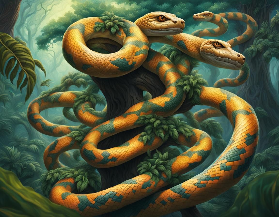 a large female snake with eight humanoid arms and a humanoid head winds ...