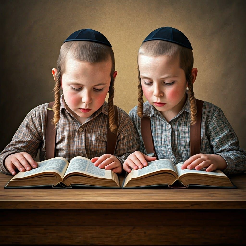 Oil painting of two 4-year-old [young] children, traditional Haredi,