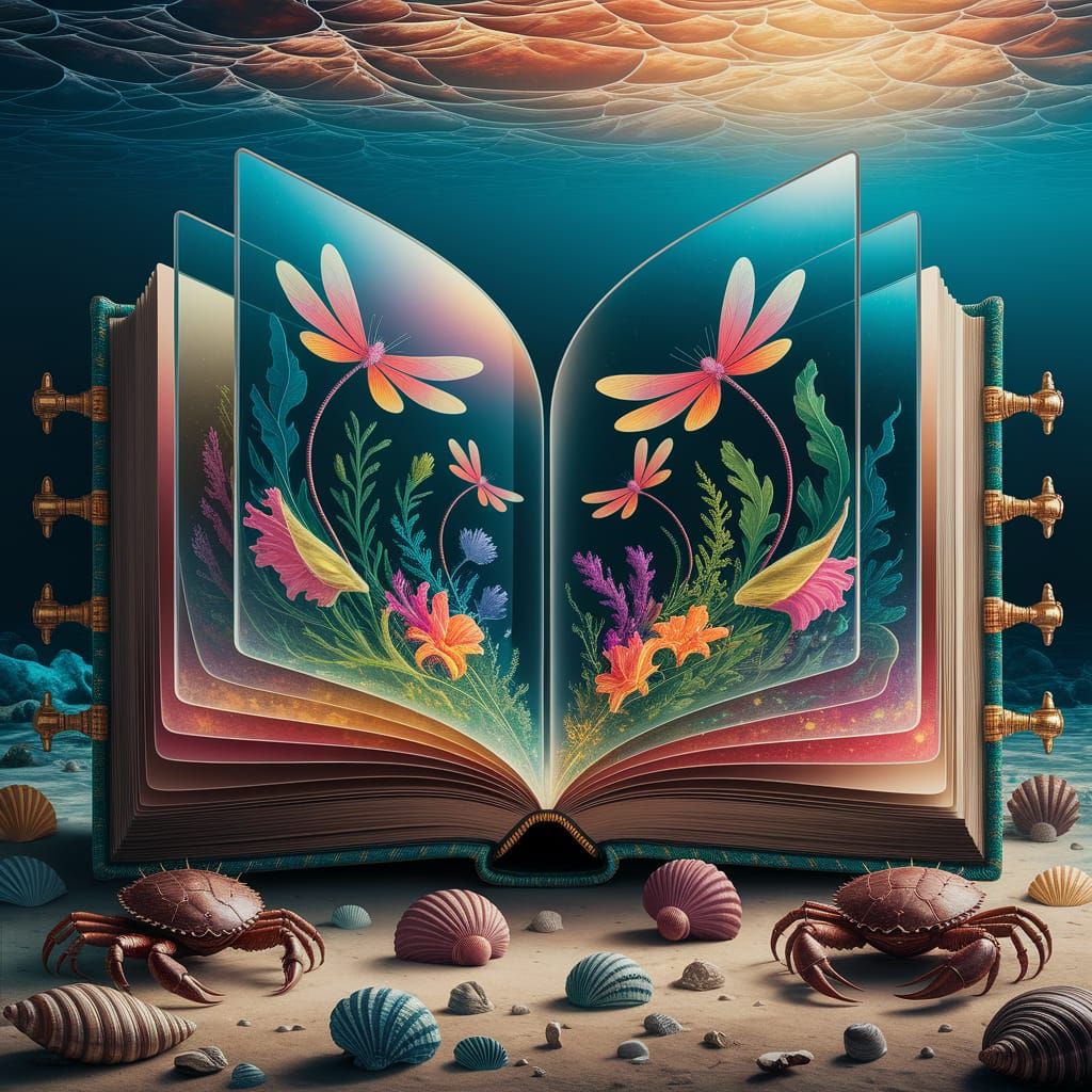 A colossal book with hollow glass pages opens, revealing vibrant ...