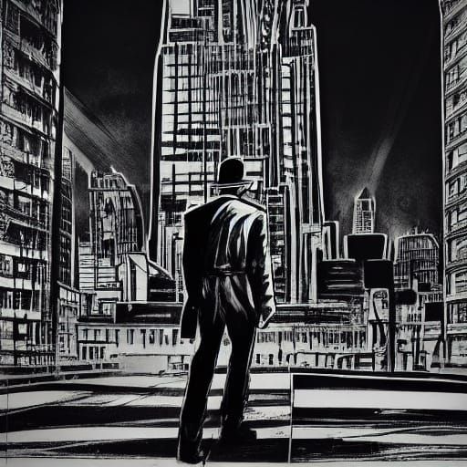 Dramatic Comic Book Hero in Film Noir Style - AI Art