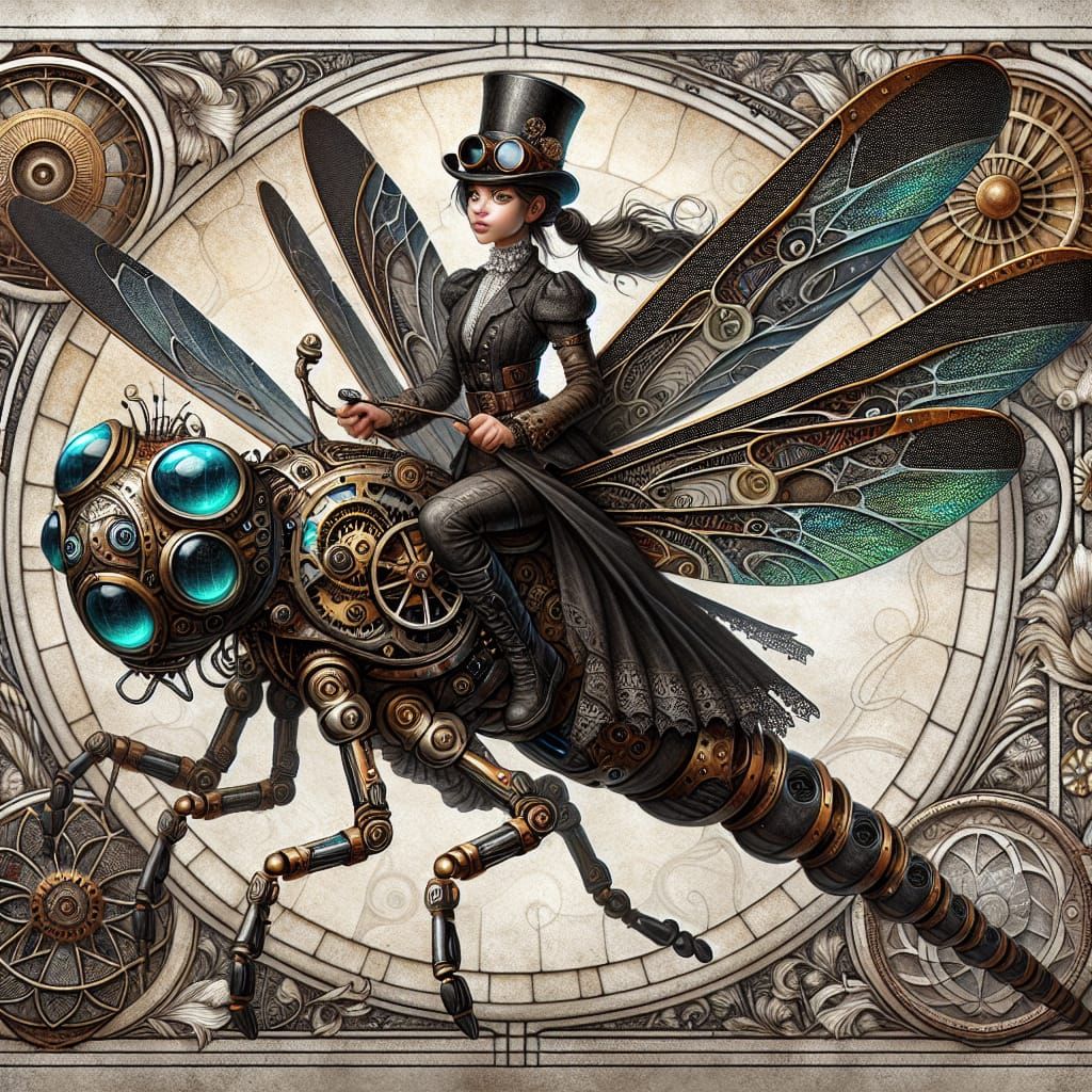 Steampunk Goddess Rides Cyberpunk Dragonfly in Art... - AI Art