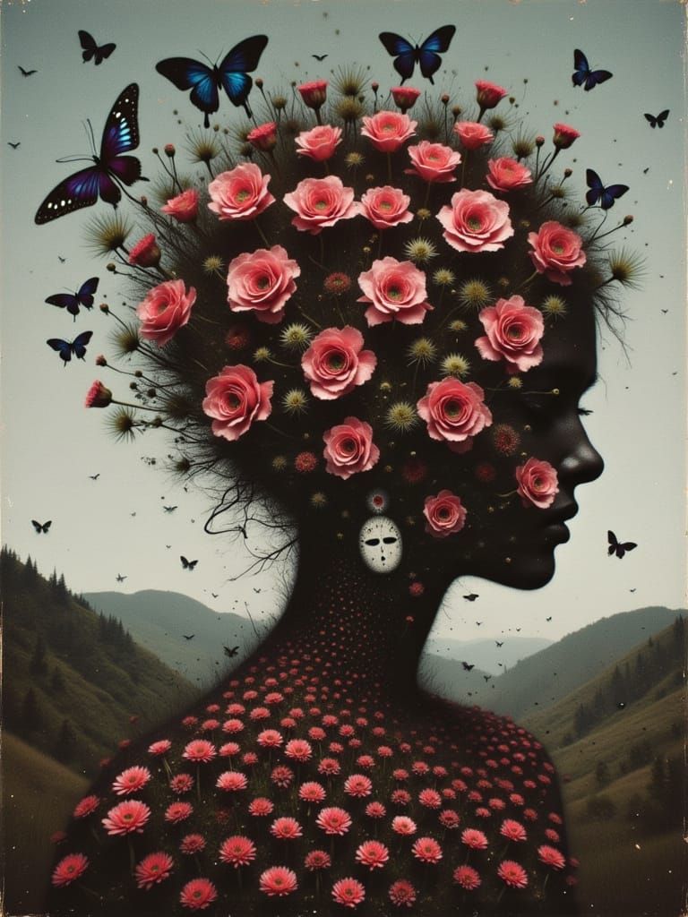 Woman Emerges from a Blooming Abyss in a Dark, Flo... - AI Art