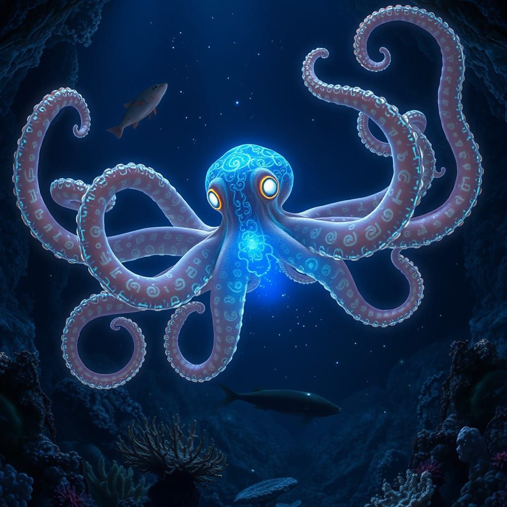 Glowing Bioluminescent Octopus Emanates Magical Li... - AI Art